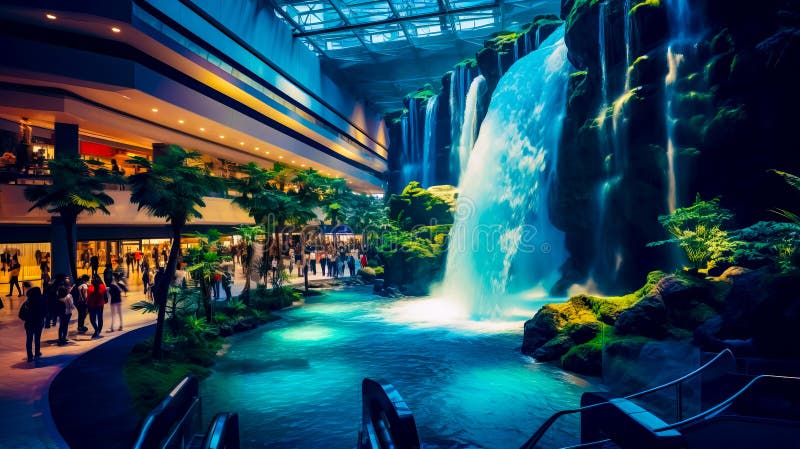 Waterfall Inside of Mall Next To Pool of Water with People Standing ...