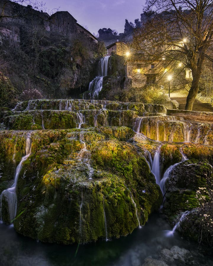 Waterfall Inside the Village at Night Stock Image - Image of water ...