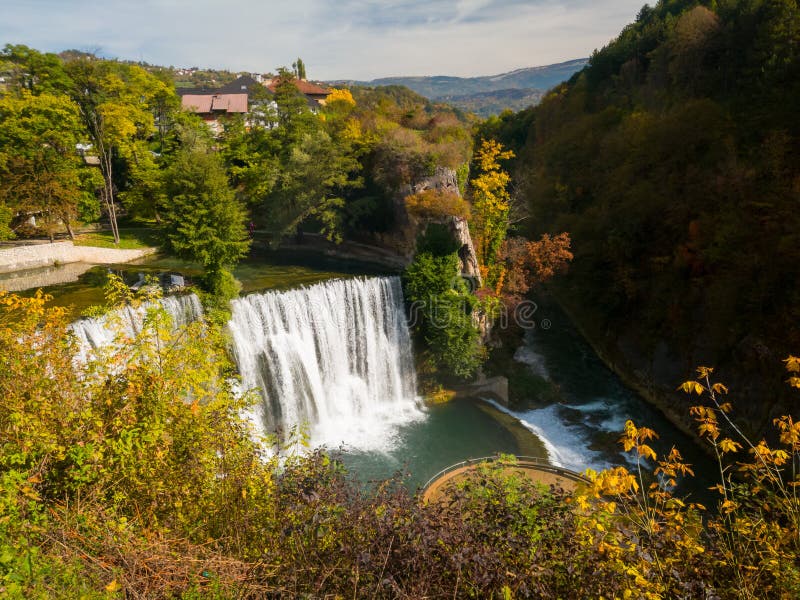 Pliva Waterfall And Old Town Panorama. Jajce, Bosnia And Herzegovina ...