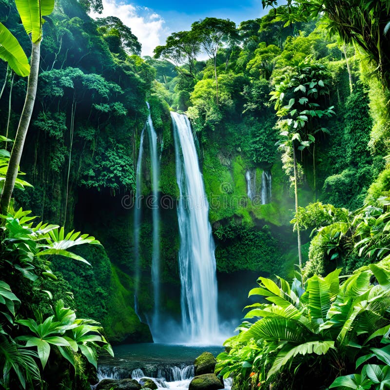 Waterfall in jungle stock illustration. Illustration of green - 328979532
