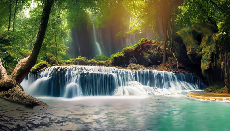 Waterfall in jungle stock illustration. Illustration of banner - 300468894