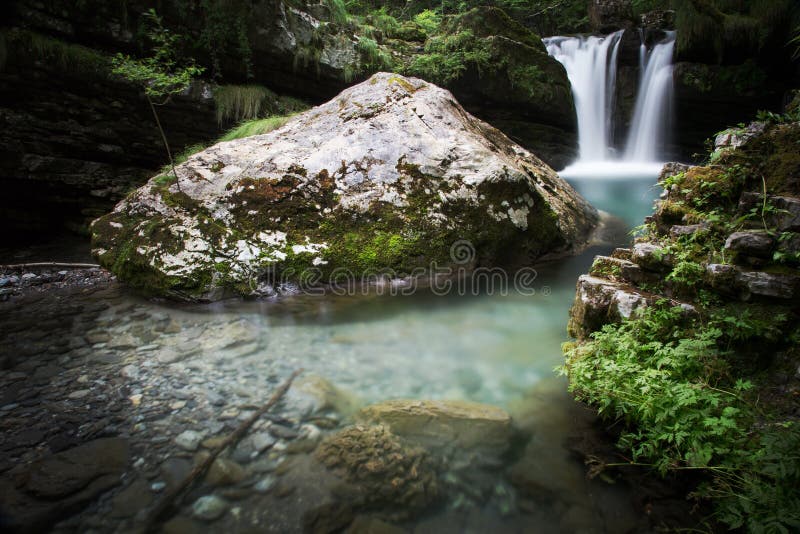 A waterfall in a lake stock image. Image of lake, rock - 96135995