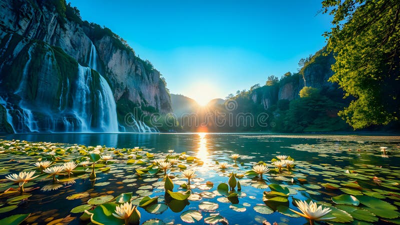 Waterfall in Lakes at Sunrise Stock Illustration - Illustration of ...