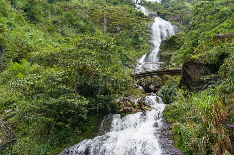 Waterfall Landscape with Arch Bridge Stock Image - Image of getaway ...