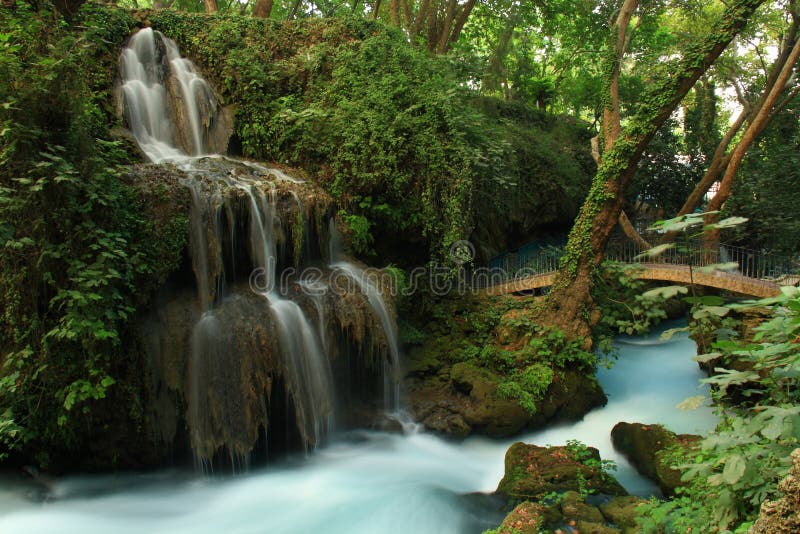 Waterfall Landscape with Bridge on it Stock Image - Image of waterfall ...