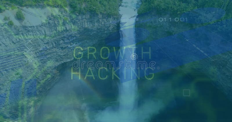 Waterfall Landscape with Growth Hacking Text and Digital Data Overlay ...