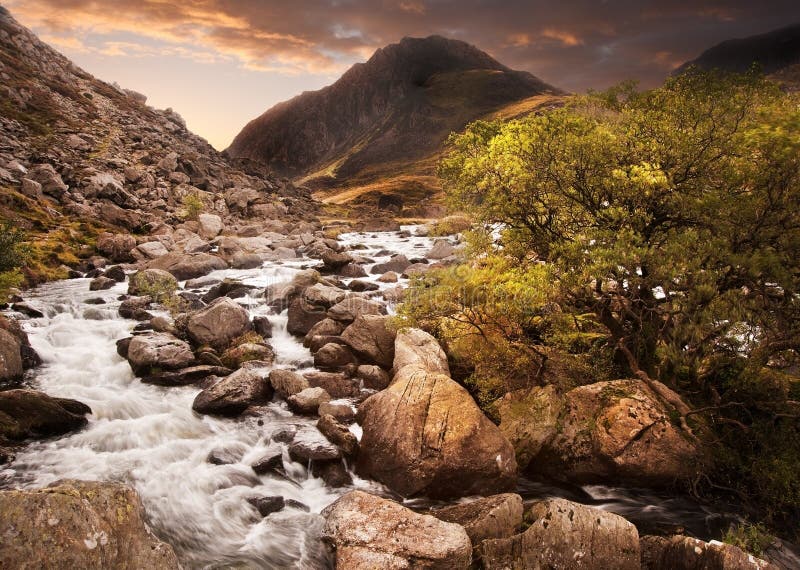 Waterfall Landscape at Sunset in Mountains Stock Photo - Image of ...