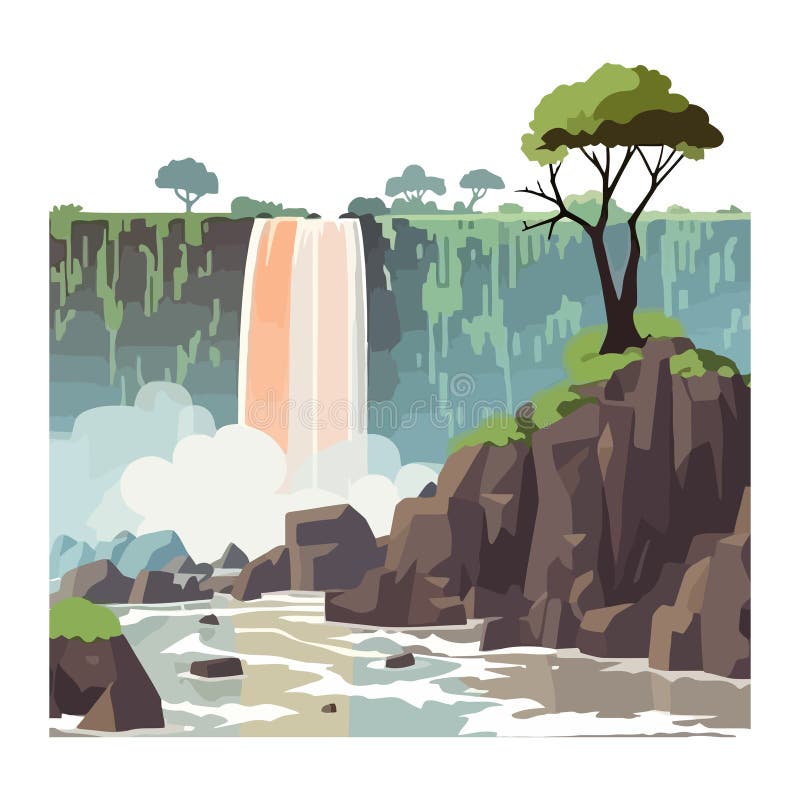 Waterfall Landscapes with Mountains, Trees and Bushes Stock Vector ...