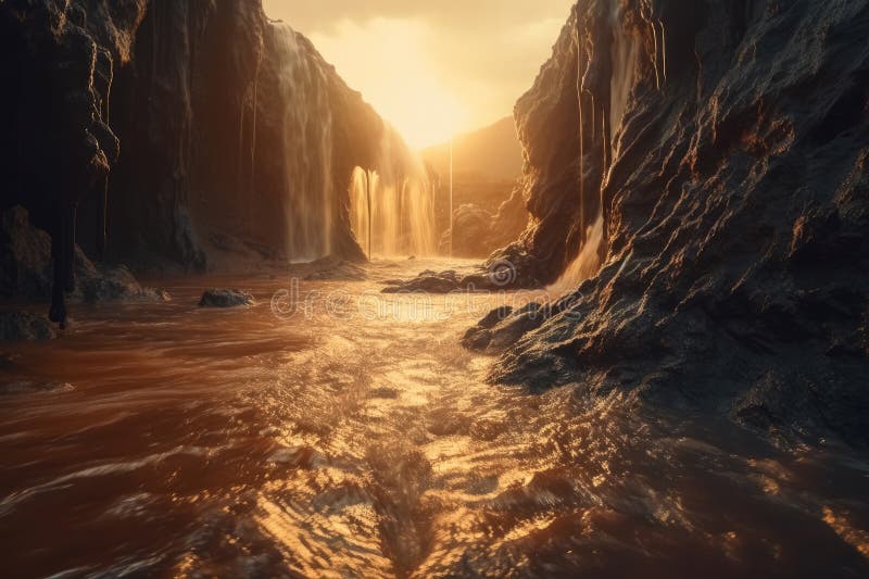 A Waterfall of Liquid Metal in an Apocalyptic Landscape Created with ...