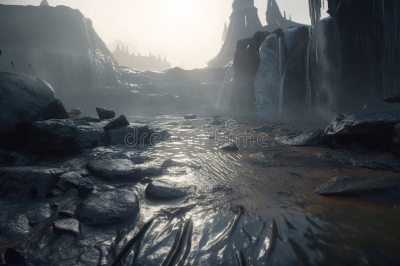 A Waterfall of Liquid Metal in an Apocalyptic Landscape Created with ...