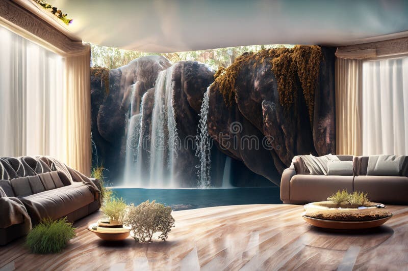 Waterfall living room stock illustration. Illustration of wall - 292673149