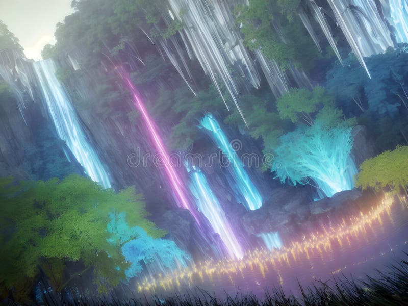 Waterfall with Luminous Creatures, Generative AI Illustration Stock ...