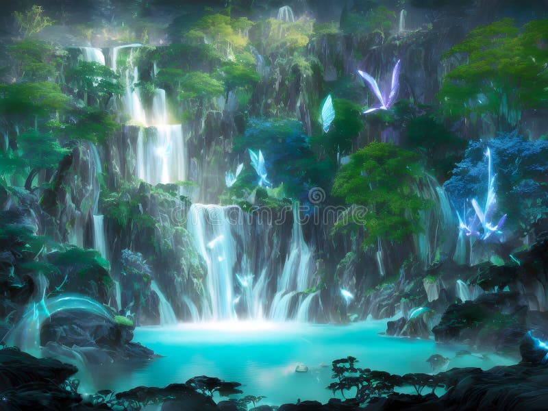Waterfall with Luminous Creatures, Generative AI Illustration Stock ...