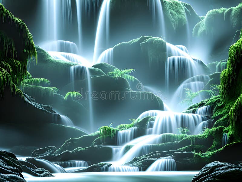 Waterfall with Luminous Creatures, Generative AI Illustration Stock ...
