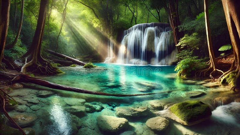 Waterfall in Lush Forest with Sun Rays Stock Illustration ...