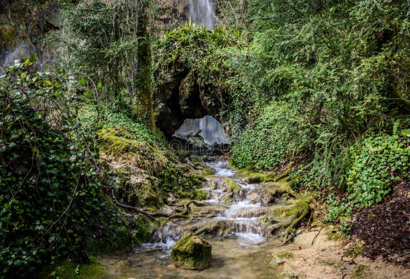 Waterfall in lush forest stock photo. Image of europe - 99196400