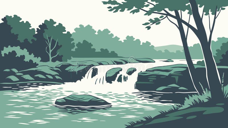 Waterfall Lush Green Forest, Tranquil Nature Scenery Vector Design ...