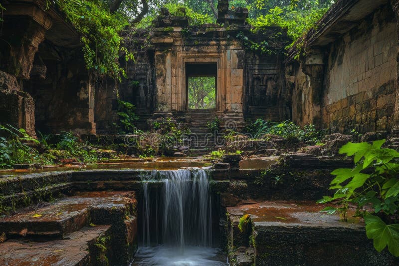 A Waterfall, Lush Vegetation, Overgrown Ruins, and Ancient Architecture ...