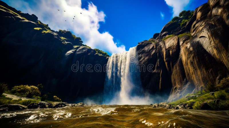 Waterfall in the Middle of Body of Water with Bird Flying Over it ...