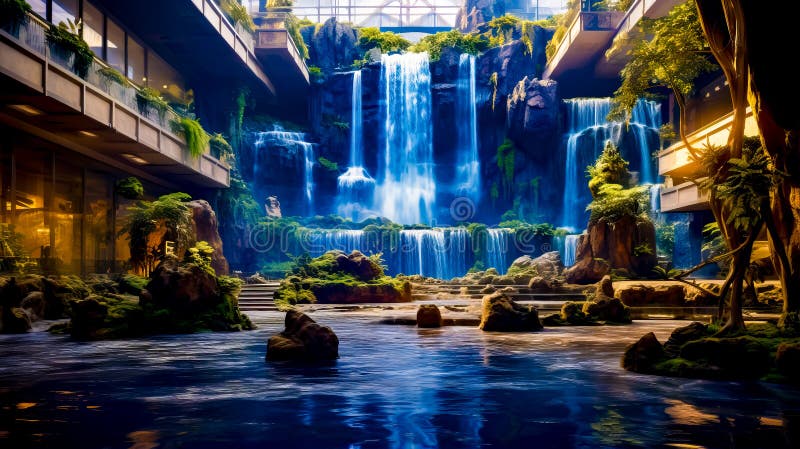 Waterfall in the Middle of Building with Bridge Over the Water ...