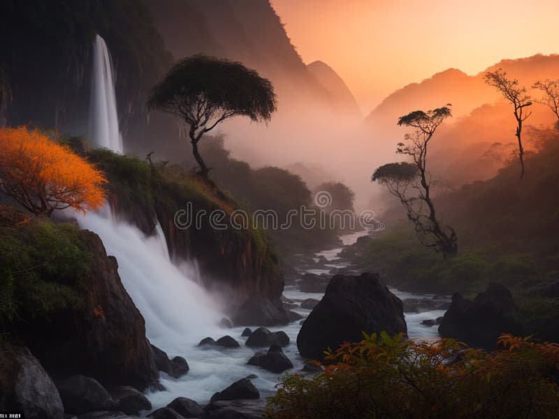 Waterfall in the Middle of the Forest at Dusk Stock Illustration ...