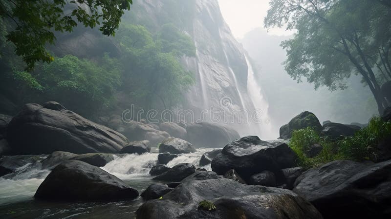 A Waterfall in the Middle of a Forest Filled with Rocks Stock ...