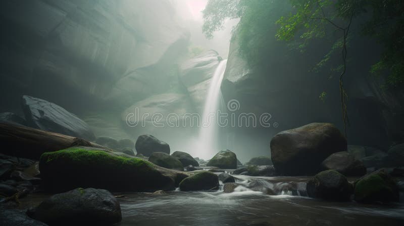 A Waterfall in the Middle of a Forest Filled with Rocks Stock ...