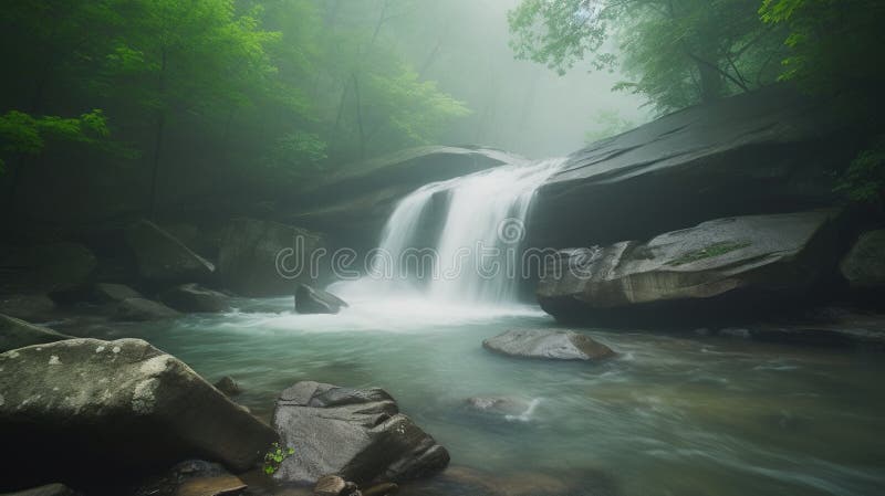 A Waterfall in the Middle of a Forest Filled with Rocks Stock ...