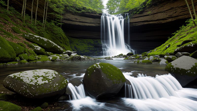 A Waterfall in the Middle of a Forest with Rocks and Water Flowing Out ...