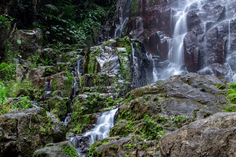 A Waterfall in the Middle of a Forest with a Stone Wall Around it Stock ...