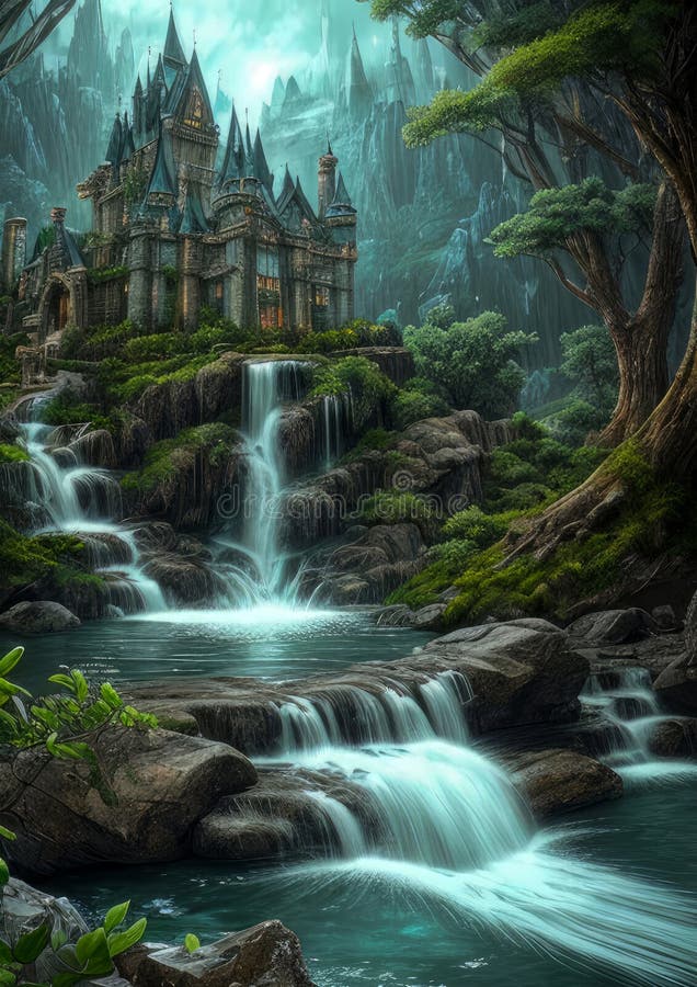 Waterfall in the Middle of a Mountain with a Castle in the Background ...