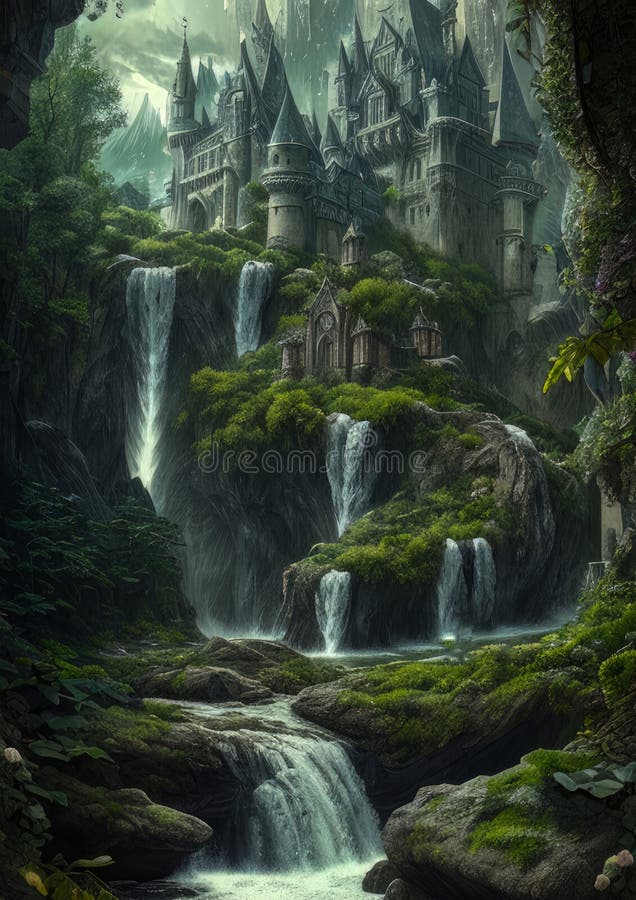 Waterfall in the Middle of a Mountain with a Castle in the Background ...