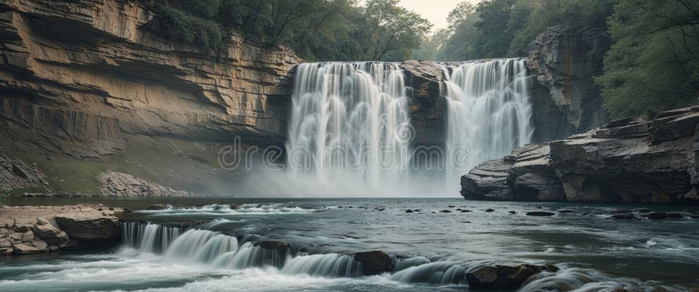 Waterfall with a Waterfall in the Middle of a River Surrounded by Rocks ...