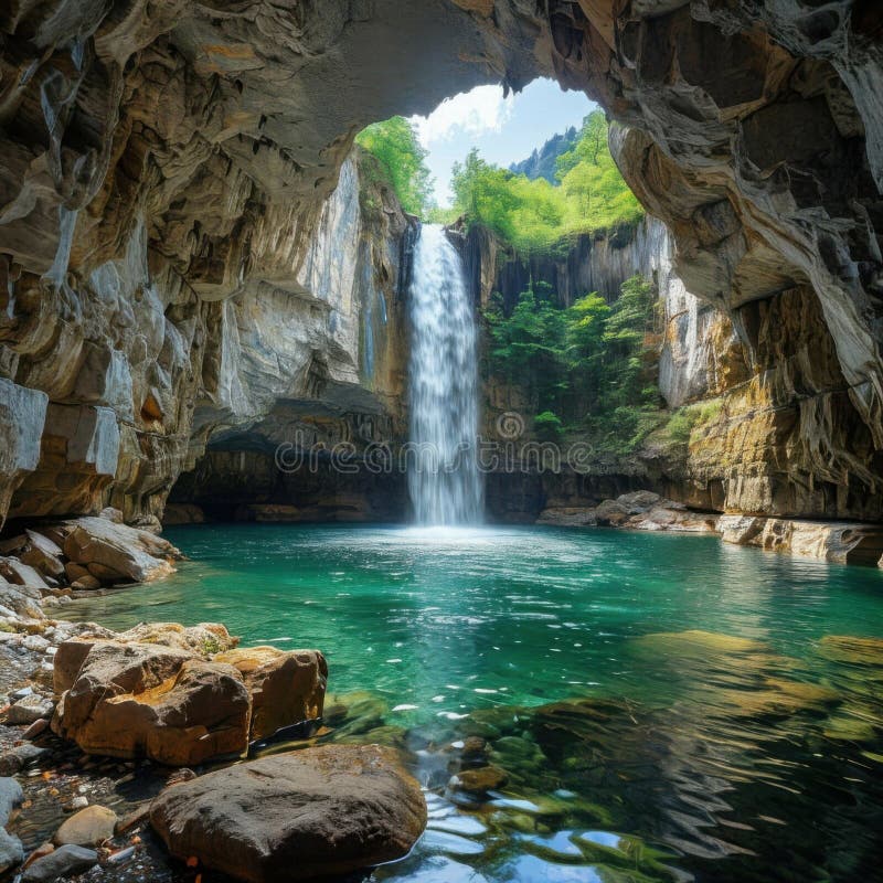 Waterfall. mountain lake stock image. Image of lush - 363472765