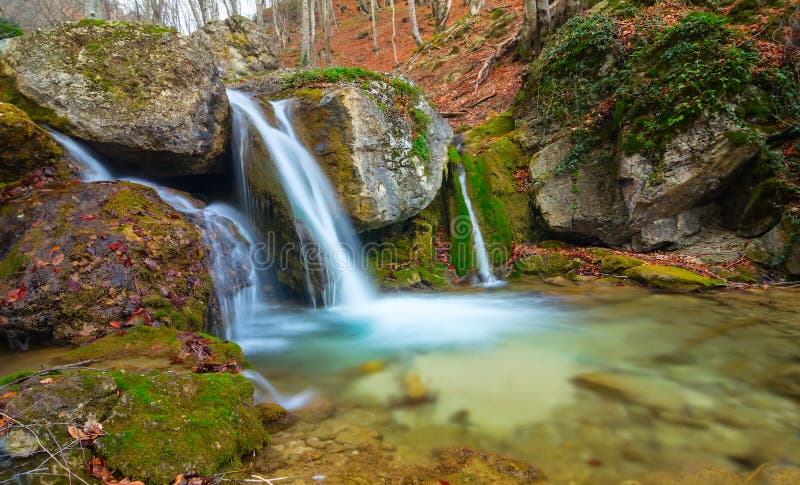 Waterfall on Mountain River Fall into Pool Stock Photo - Image of ...