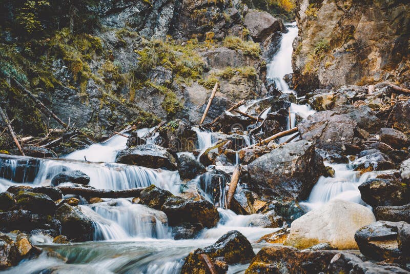 Waterfall and Mountain River with Rocks in Wild Forest Stock Photo ...