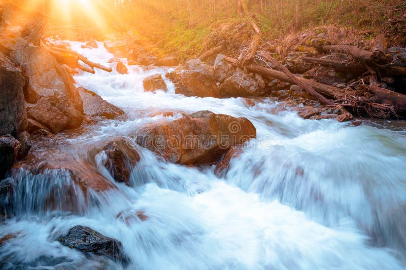 Waterfall Mountain View Close Up. Mountain River Waterfall Landscape ...