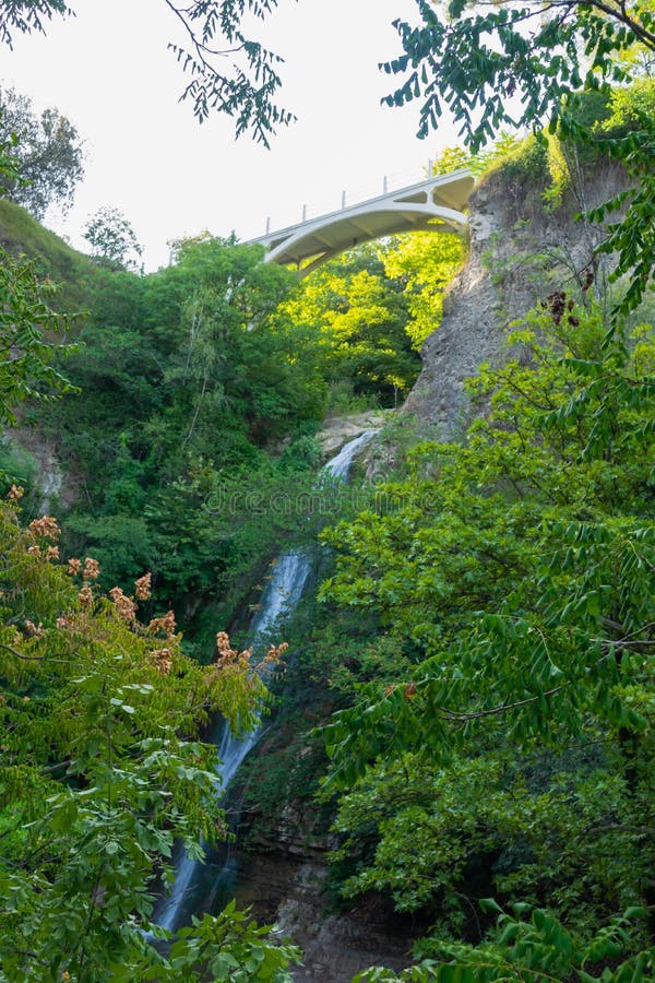 Waterfall in the Park. Mountain Landscape. Bridge Over the Waterfall ...