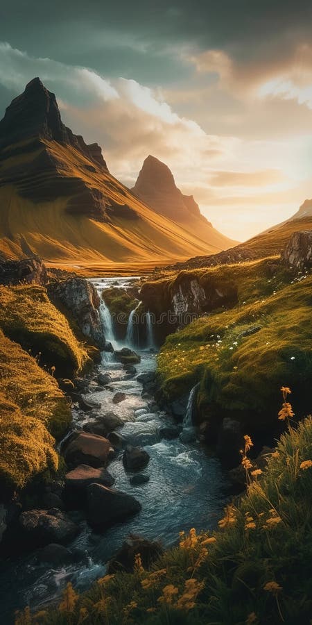 Waterfall with Mountains in the Background by Johannes Voss Stock Image ...