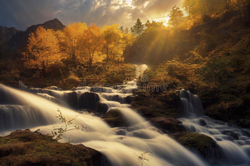 Waterfall in the Mountains with Colorful Fall Foliage, Wide Angle ...