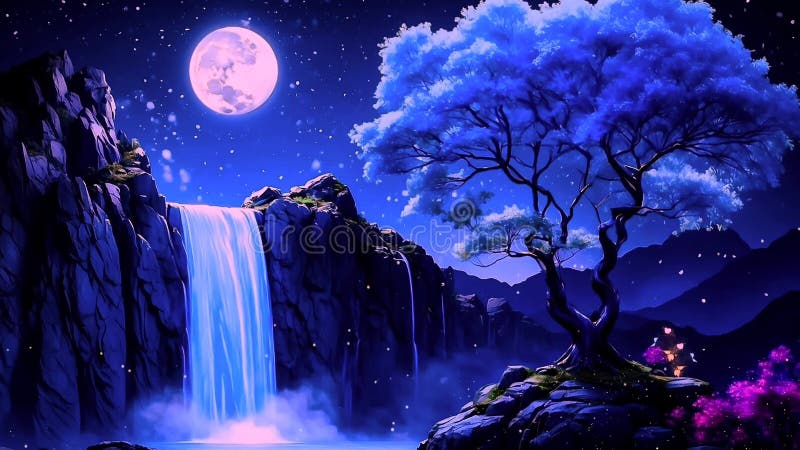 Waterfall under moonlight stock video. Video of forests - 326250383