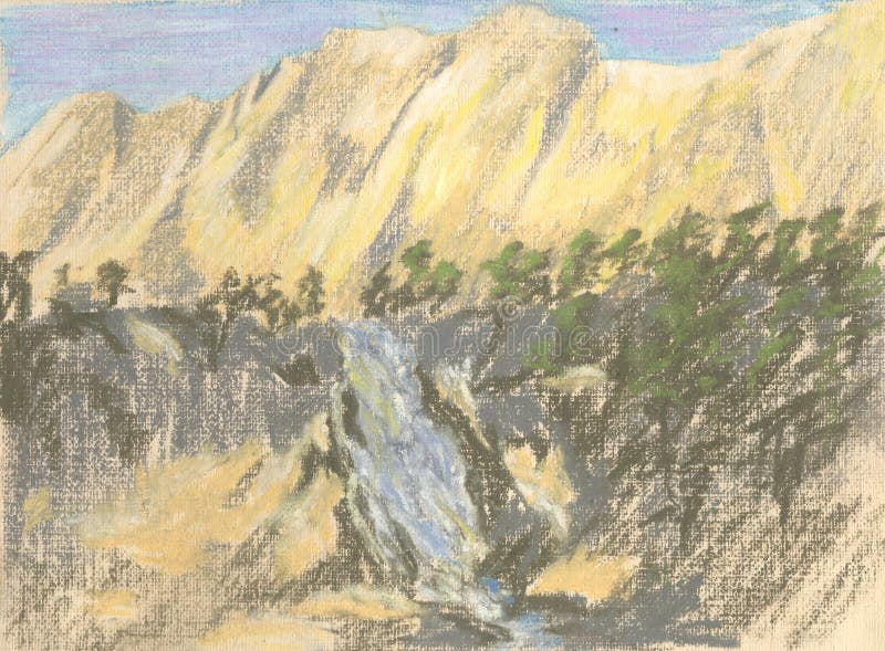 Waterfall In The Mountains, Mountain Landscape Pastel Drawing Stock ...