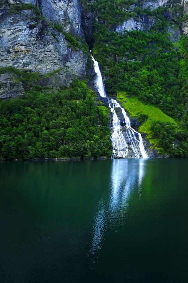 Waterfall from Mountains Rolling Down Green Forest into the Ocean or a ...