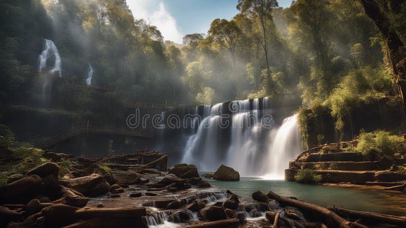 Waterfall in the Mountains Waterfall of Steam, with a Landscape , with ...