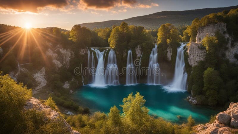 Waterfall in the Mountains Sun Sets Over the Waterfalls Stock ...
