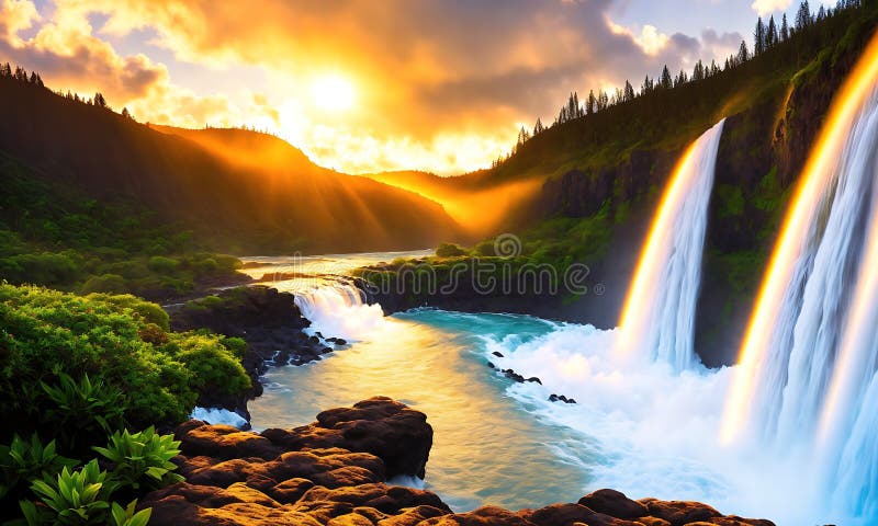 A Waterfall in the Mountains with the Sun Shining Behind it. Stock ...