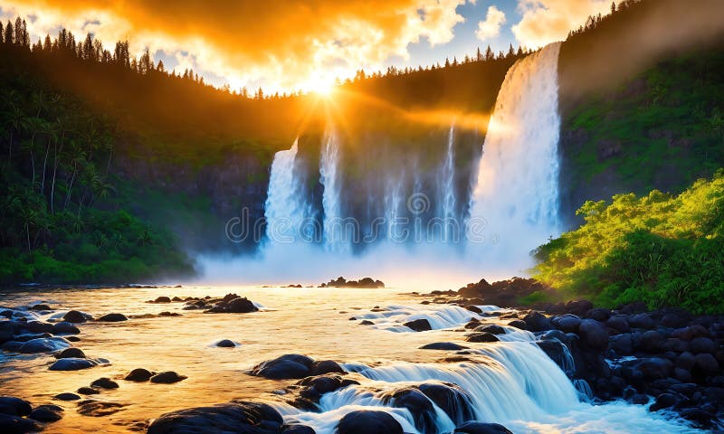 A Waterfall in the Mountains with the Sun Shining Behind it. the ...