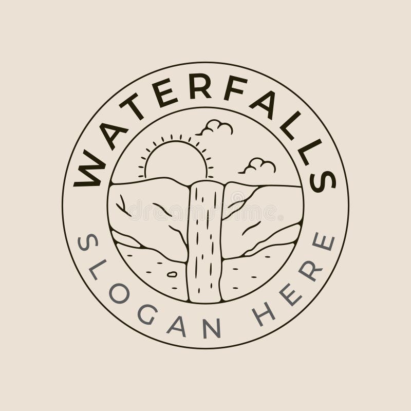 Waterfall National Park Line Art Logo Vector with Emblem Illustration ...