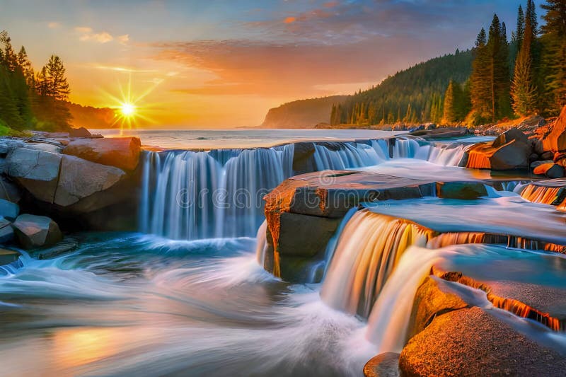 Waterfall Nature Background with Soft Sunshine and Green Forest Created ...