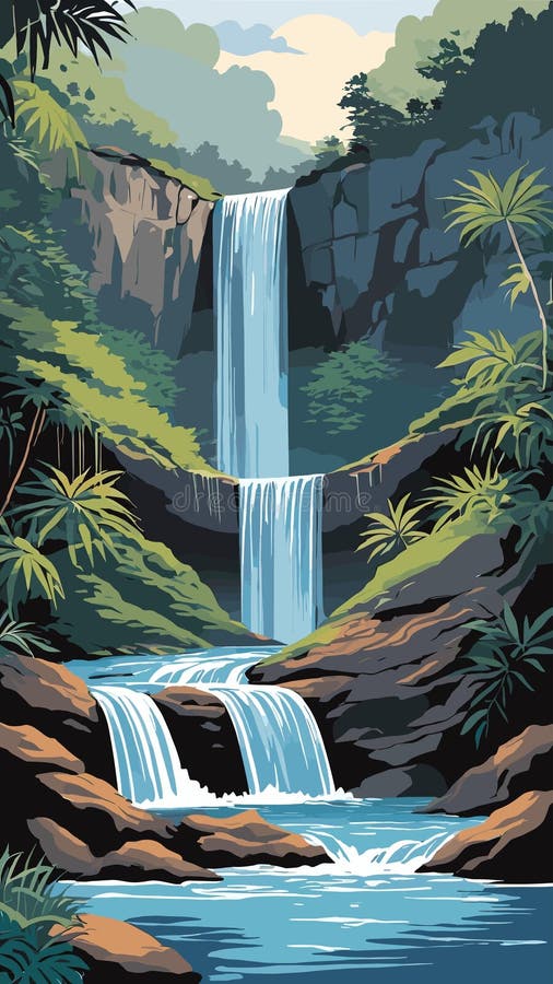 Waterfall Nature Landscape Cartoon Drawing Artwork Vector Ai Generated ...